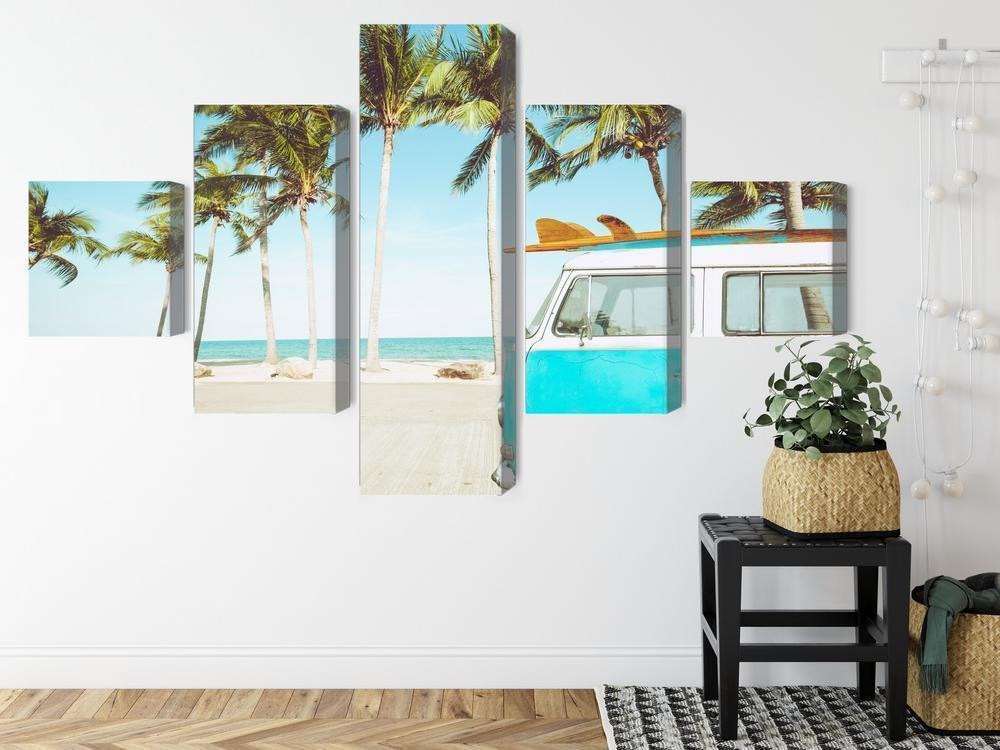 Flerdelt billede på lærred retro bil på stranden 3D